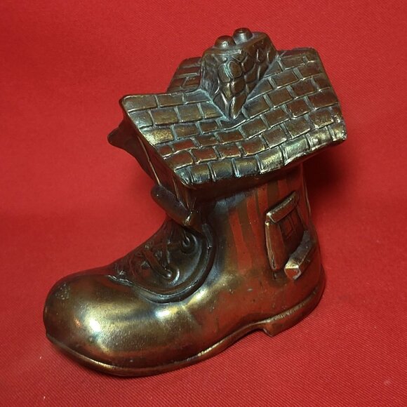 Accents | Vintage Bronze Cast Metal Old Woman Lived Shoe House Coin ...